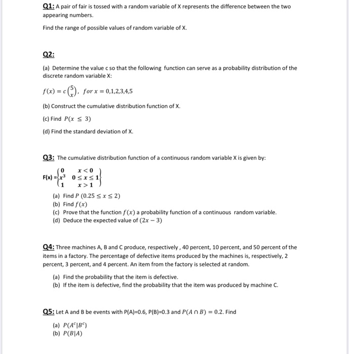Solved Q1: A pair of fair is tossed with a random variable | Chegg.com