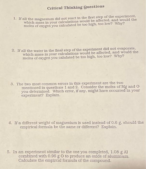 Solved critical thinking questions.the mole that I got for | Chegg.com