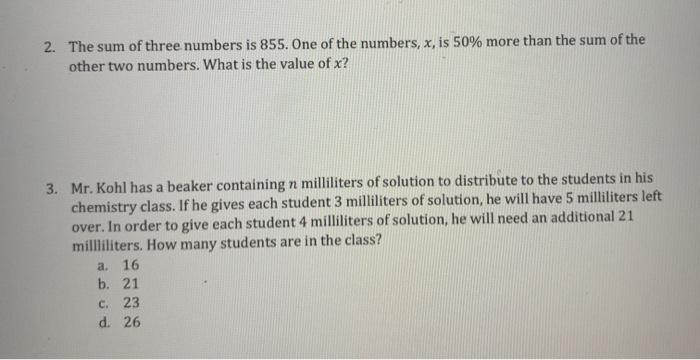 Solved 2. The sum of three numbers is 855. One of the | Chegg.com