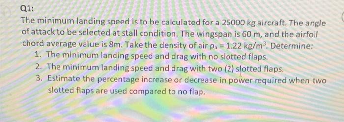 Solved Q1: The minimum landing speed is to be calculated for | Chegg.com