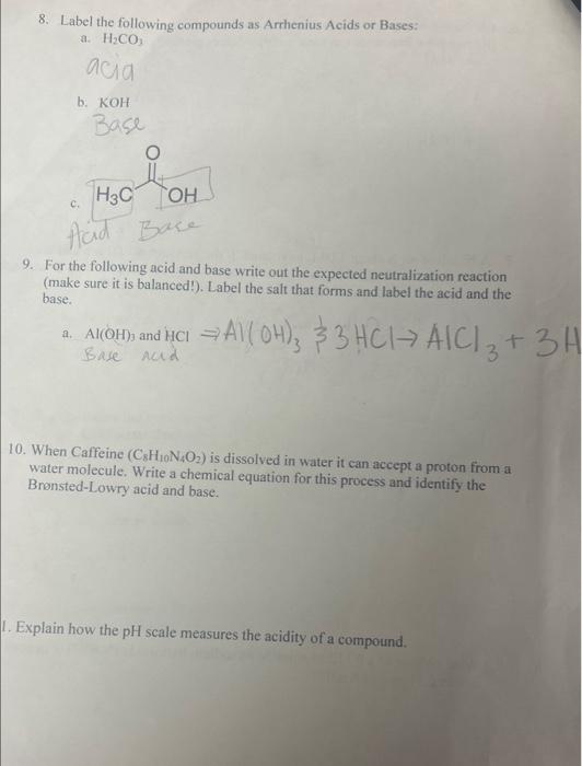 Solved 8. Label the following compounds as Arrhenius Acids | Chegg.com