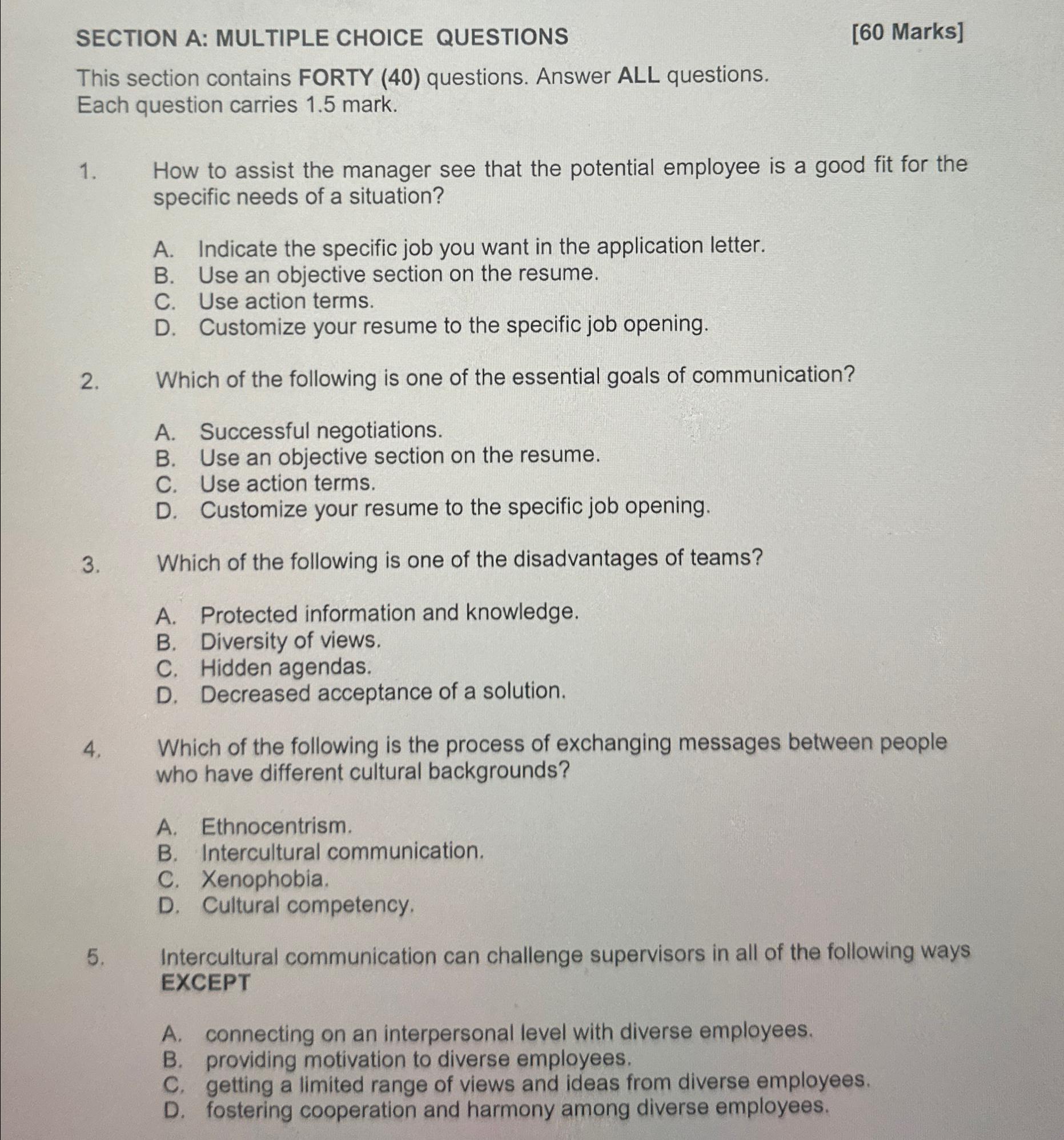 Solved SECTION A: MULTIPLE CHOICE QUESTIONS[60 ﻿Marks]This | Chegg.com