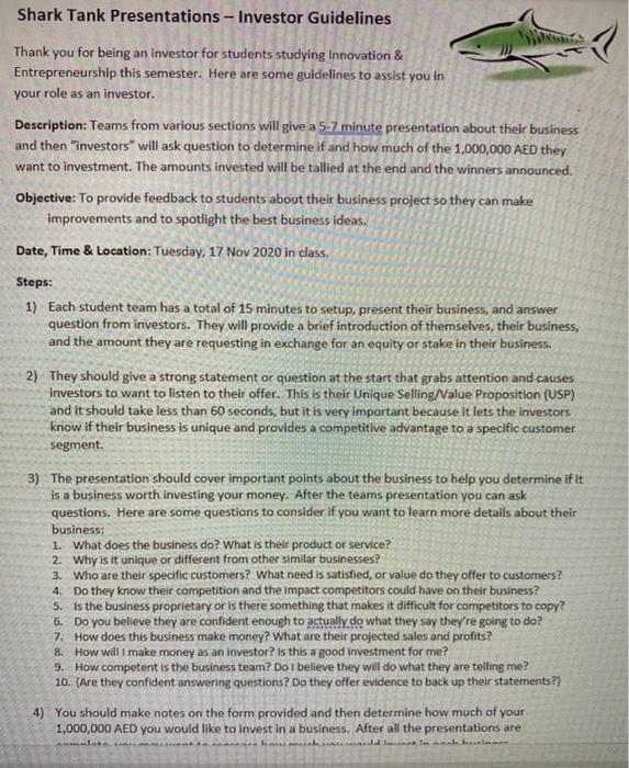 Shark Tank Presentations - Investor Guidelines Thank | Chegg.com