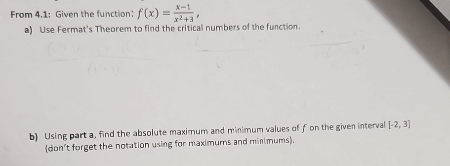 Solved From 4.1: Given the function: f(x)=x-1x2+3,a) ﻿Use | Chegg.com