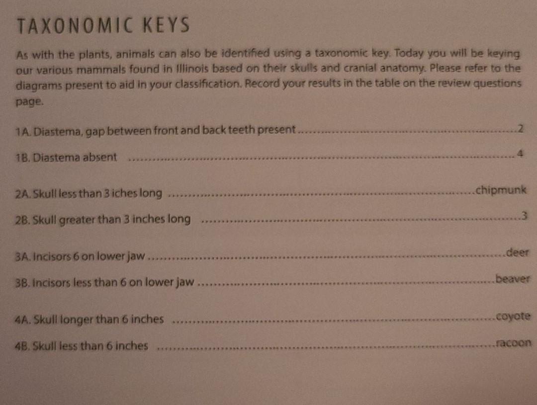 Solved TAXONOMIC KEYS As with the plants, animals can also | Chegg.com