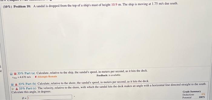 Solved (10\%) Problem 10: A sandal is dropped from the top | Chegg.com