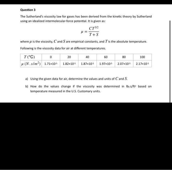 Solved Question 3 The Sutherland's viscosity law for gases | Chegg.com