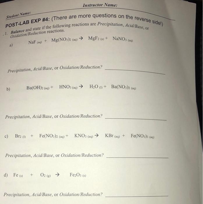 Solved Instructor Name: Student Name: POST-LAB EXP #4: | Chegg.com