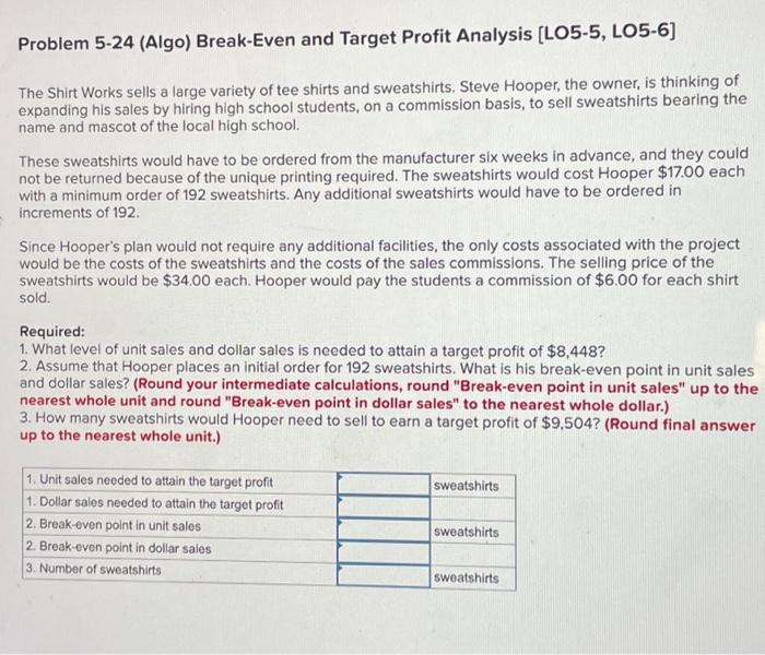 Solved Problem 5-24 (Algo) Break-Even and Target Profit | Chegg.com Solved Problem 5-24 (Algo) Break-Even and Target Profit | Chegg.com