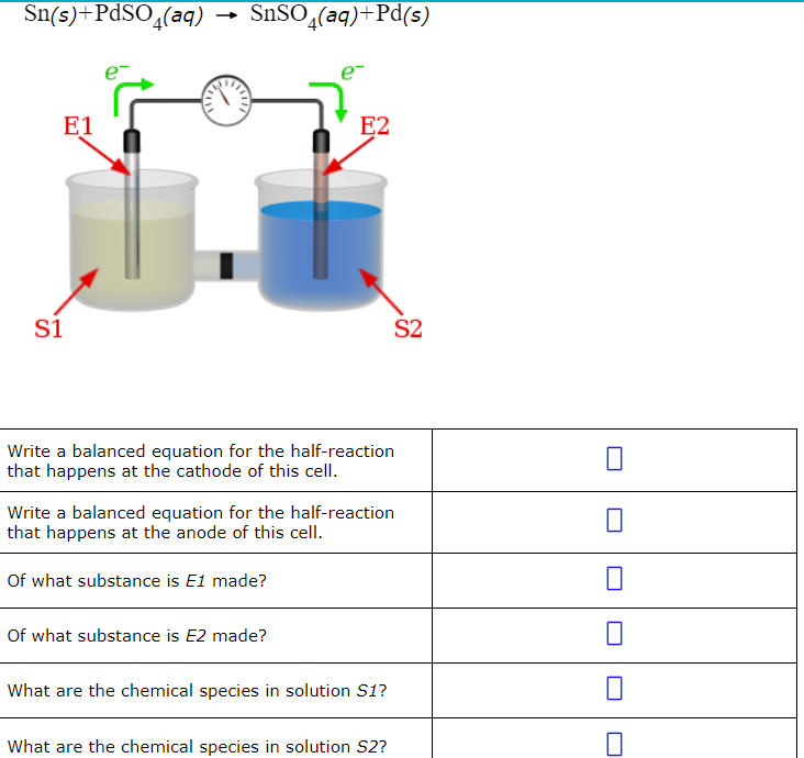 Solved Sn(s)+PdSO4(aq)→SnSO4(aq)+Pd(s)designing a galvanic | Chegg.com