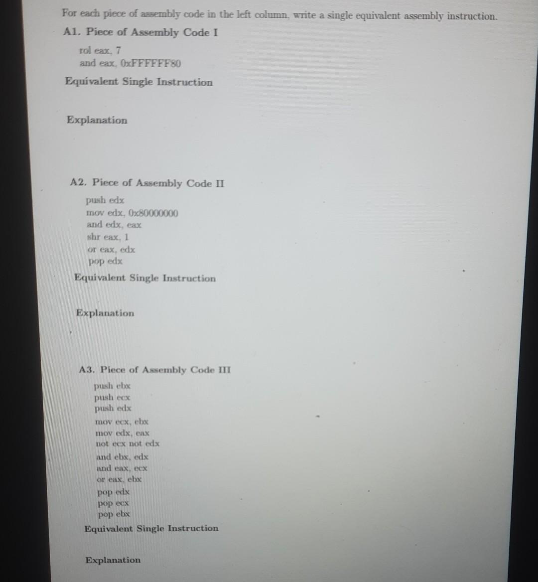 Solved For each piece of assembly code in the left column, | Chegg.com
