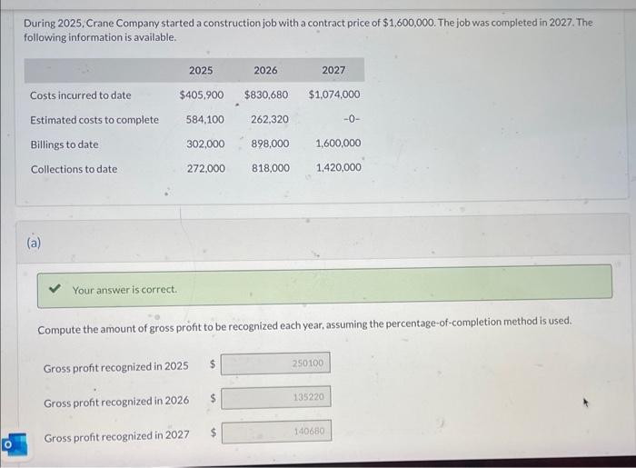 Solved During 2025, Crane Company started a construction job | Chegg.com