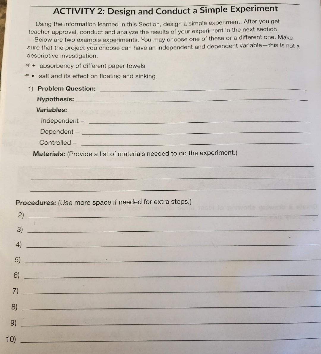 Solved ACTIVITY 2: Design and Conduct a Simple Experiment | Chegg.com