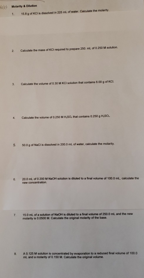 Solved alext Molarity & Dilution 1. 15.8 g of KCl is | Chegg.com