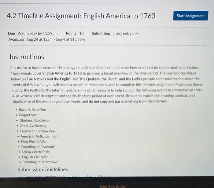 4.2 Timeline Assignment: English America to 1763 Due | Chegg.com