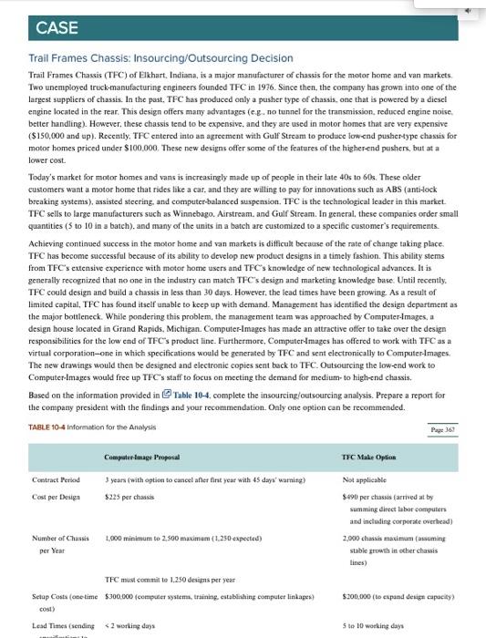 Solved CASE Trail Frames Chassis: Insourcing/Outsourcing | Chegg.com