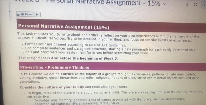 Narrative Assignment - 15% Listen Personal Narrative | Chegg.com