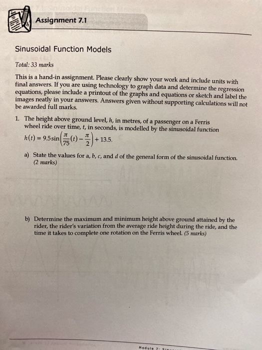 Solved Assignment 7.1 Sinusoidal Function Models Total: 33 | Chegg.com