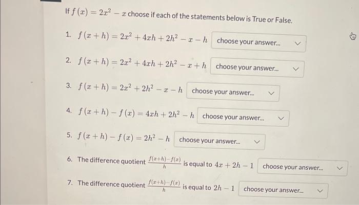 Solved If f(x)=2x2−x choose if each of the statements below | Chegg.com