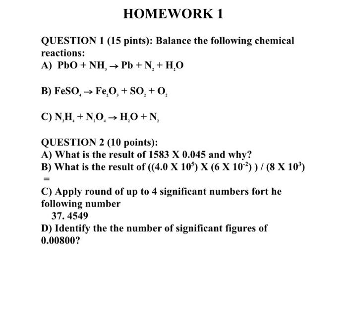 Solved HOMEWORK 1 QUESTION 1 (15 pints): Balance the | Chegg.com