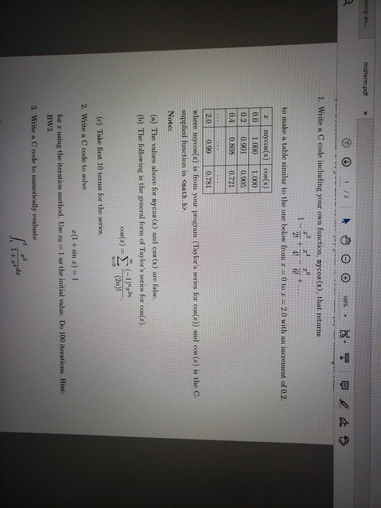 Solved ming-an... midterm.pdf х 1 / 2 # 100% 1. Write a C | Chegg.com