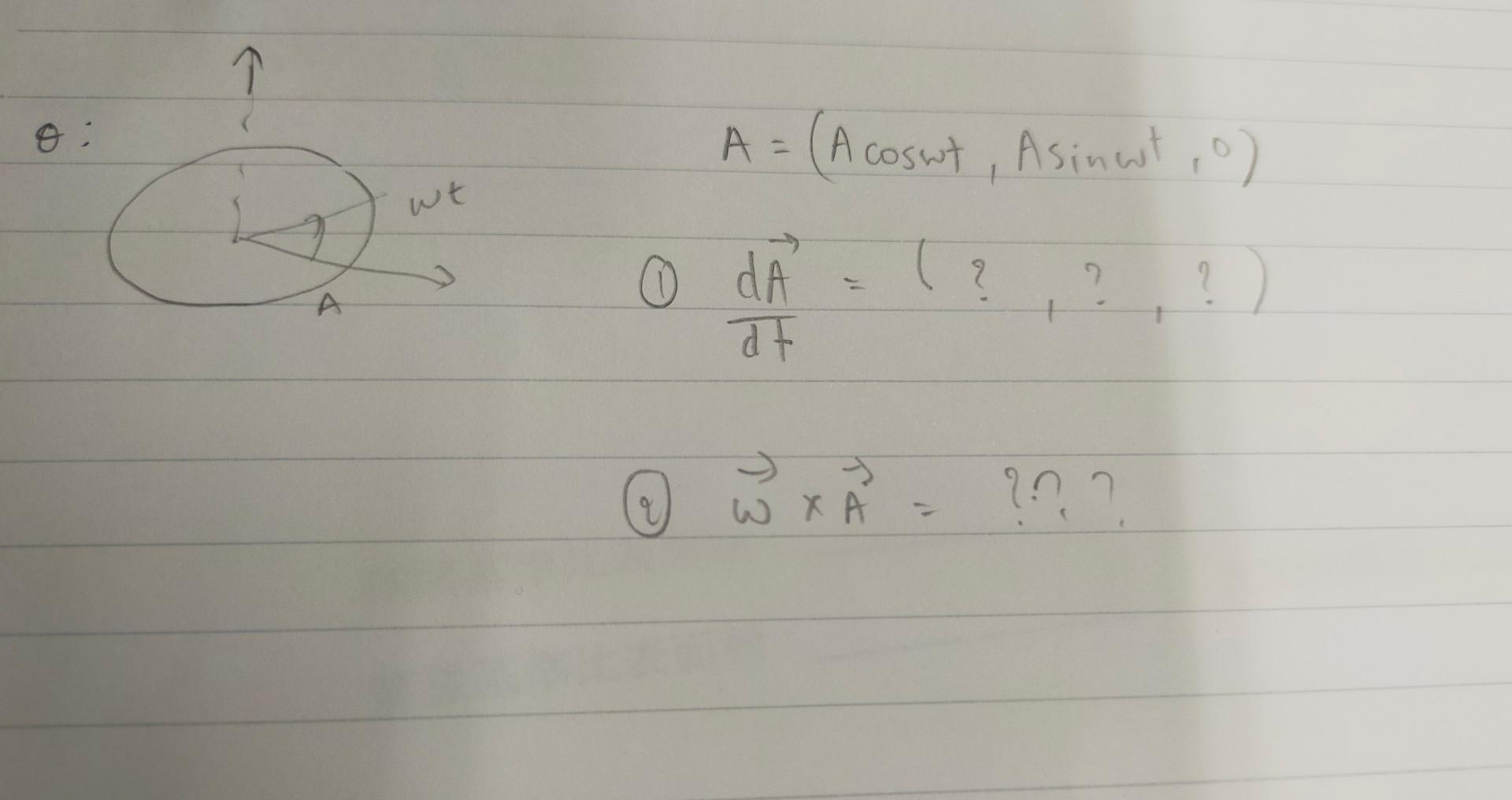 Solved A=(Acosωt,Asinωt,0) (1) dTdA=(?,?,?) (2) ω×A=?? ? | Chegg.com