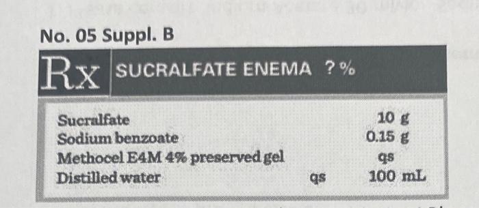 Solved C. Rx. 05 B Sucralfate Enema 1. Compute | Chegg.com