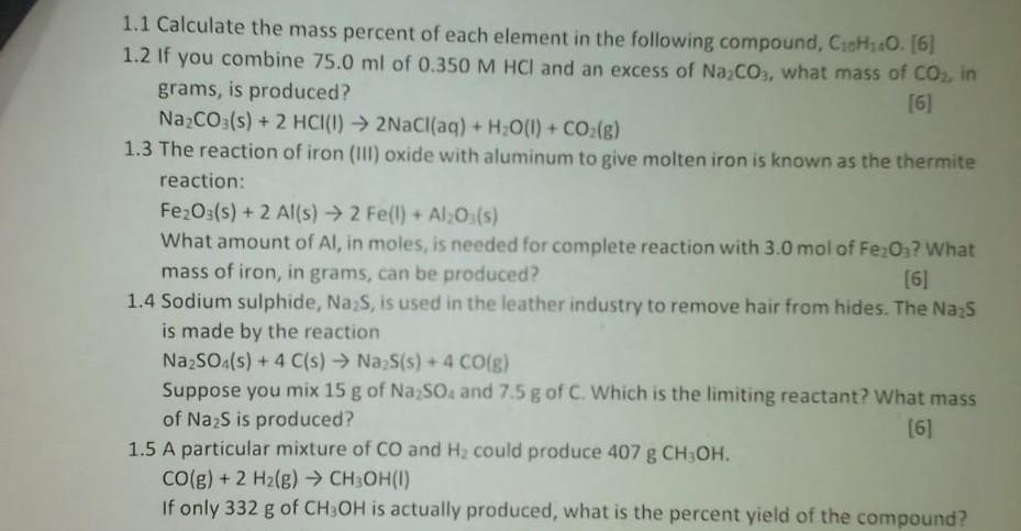 Solved 1.1 Calculate the mass percent of each element in the | Chegg.com