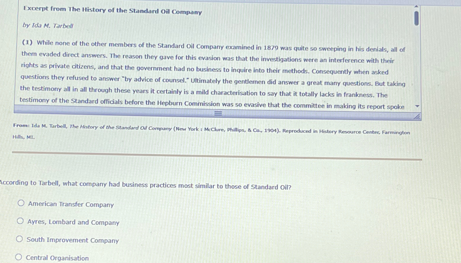 Solved Excerpt from The History of the Standard Oil Company | Chegg.com