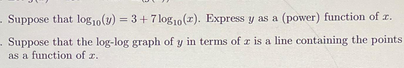 Solved Suppose that log10(y)=3+7log10(x). ﻿Express y ﻿as a | Chegg.com