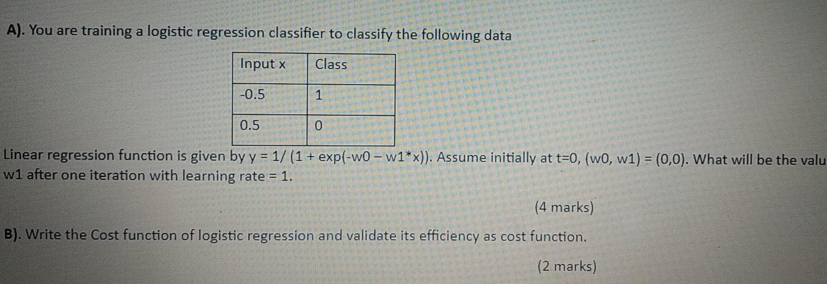 Solved A). You are training a logistic regression classifier | Chegg.com
