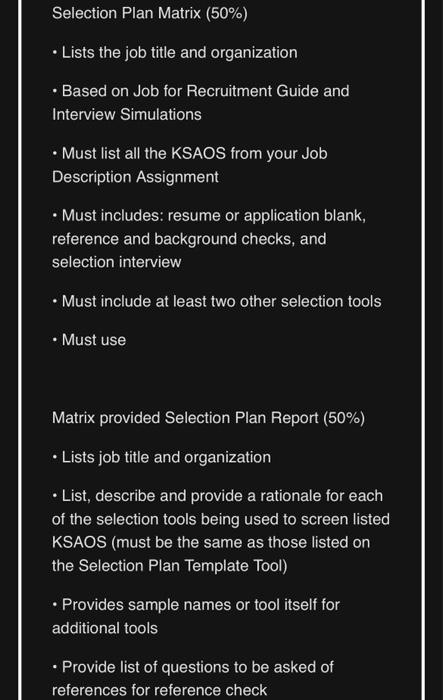 Solved Selection Plan Matrix (50\\%) - Lists the job title | Chegg.com