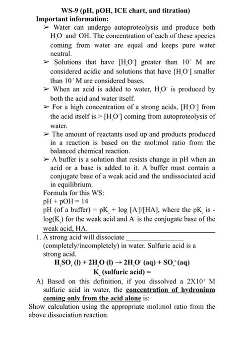 Solved WS-9 (pH, pOH, ICE chart, and titration) Important | Chegg.com