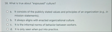 Solved What is true about "espoused" culture?a. ﻿It consists | Chegg.com