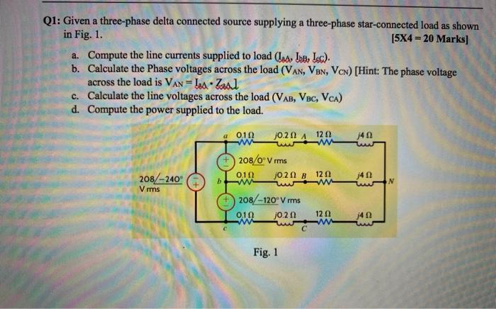 Solved Q1: Given a three-phase delta connected source | Chegg.com