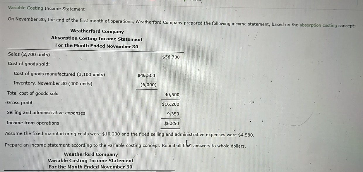 Solved How to solve Variable Costing Income StatementOn | Chegg.com