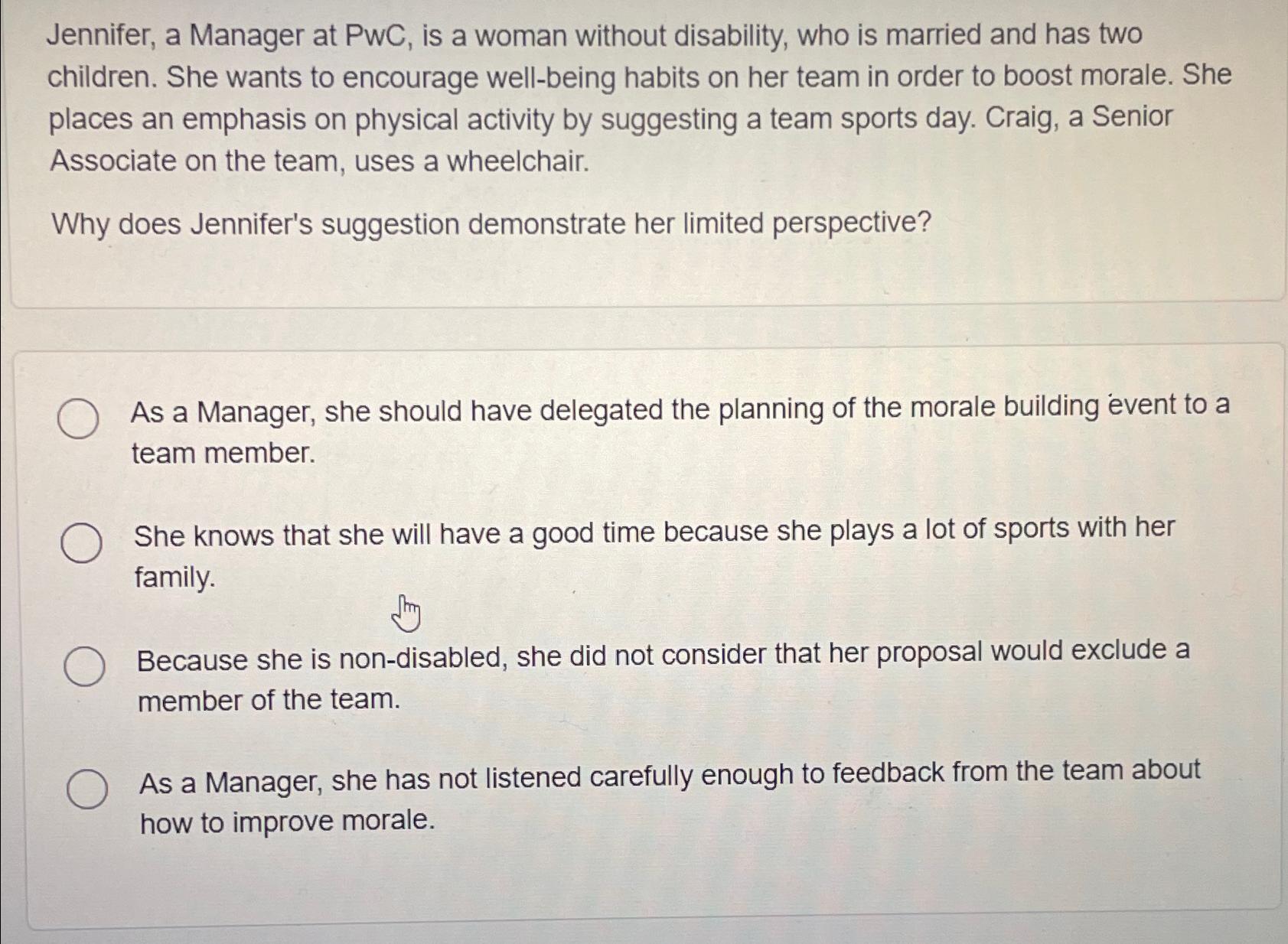 Solved Jennifer, a Manager at PwC, ﻿is a woman without | Chegg.com