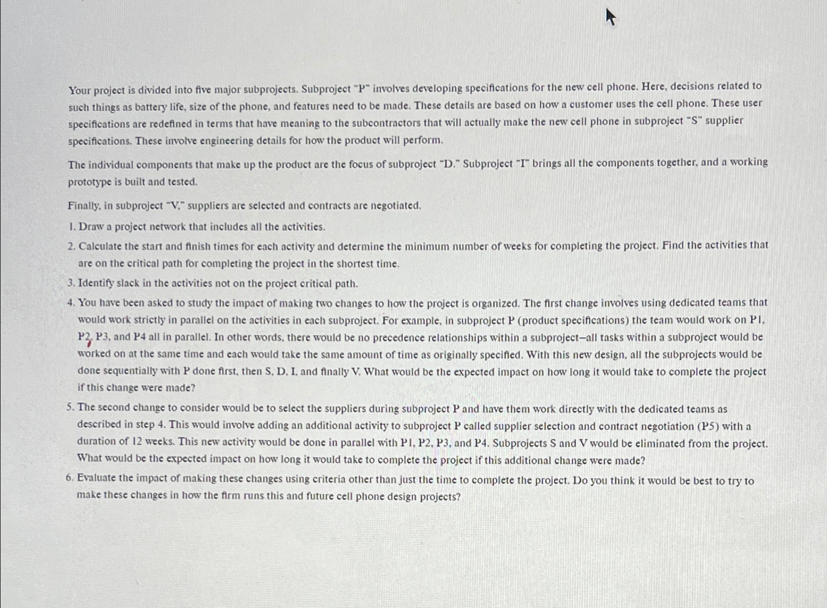 Solved Your project is divided into five major subprojects. | Chegg.com