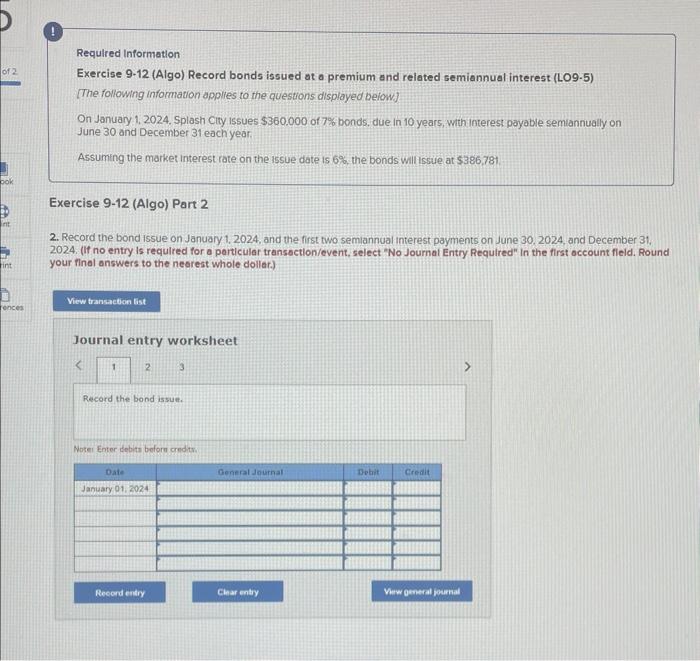 Solved Required Information Exercise 9.12 (Algo) Record | Chegg.com