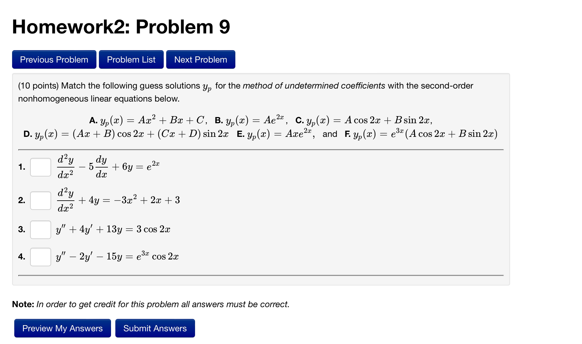 Solved (10 ﻿points) ﻿Match the following guess solutions yp | Chegg.com