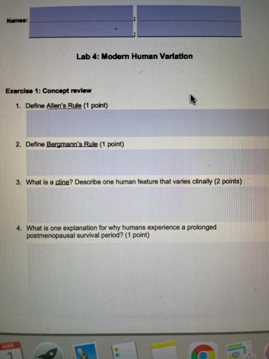 Solved Names: Lab 4: Modern Human Variation Exercise 1: | Chegg.com