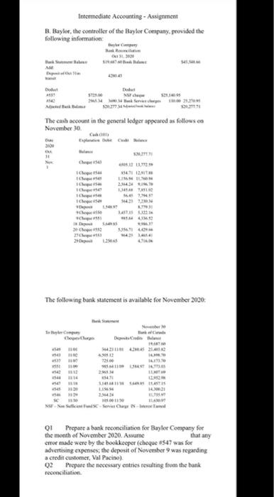 Intermediate Accounting. Assignment B.Baylor, the | Chegg.com