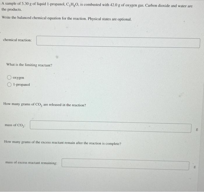 Solved A sample of 5.30 g of liquid 1-propanol, C3H8O, is | Chegg.com