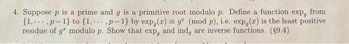 Solved 4. Suppose p is a prime and g is a primitive root | Chegg.com