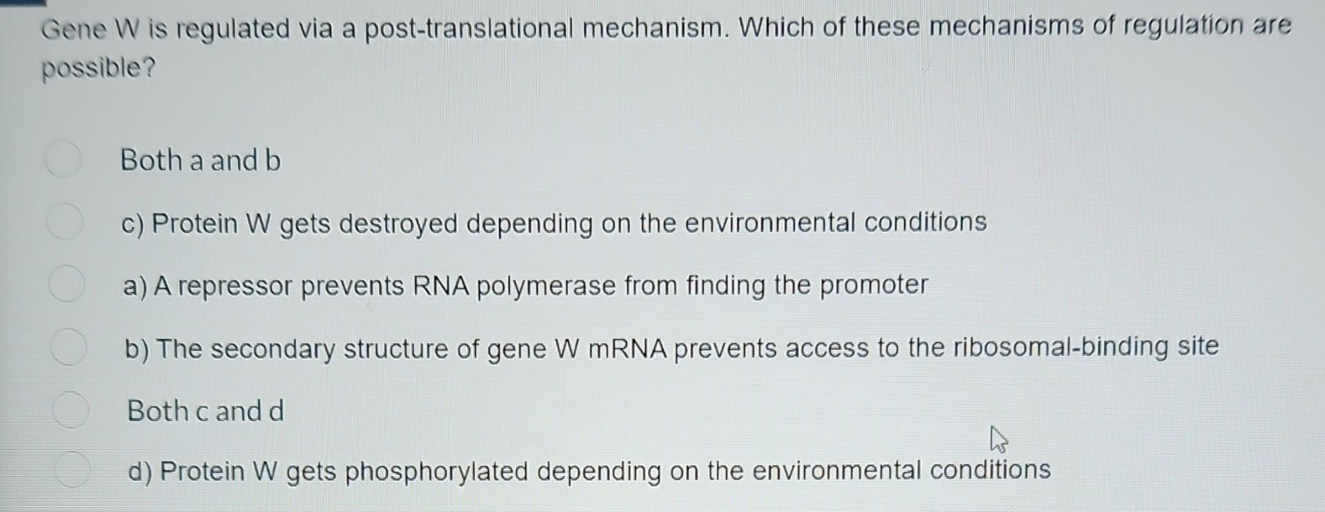 Solved Gene W is regulated via a post-translational | Chegg.com