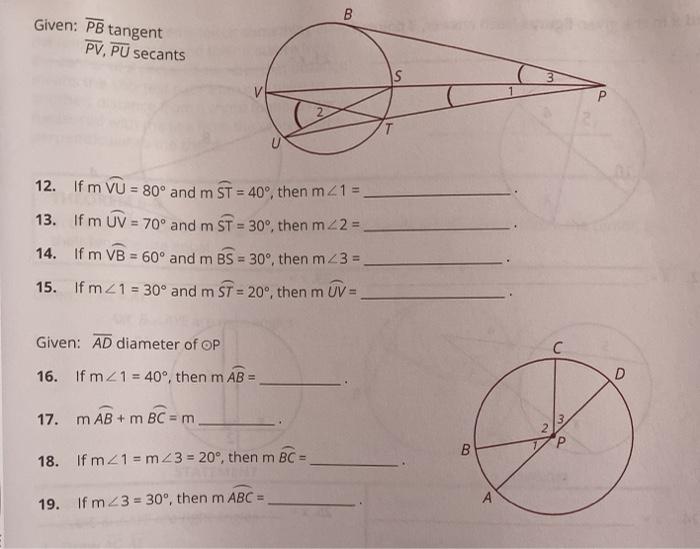 Solved B Given: PB tangent PV, PU secants U 12. If m VU = | Chegg.com