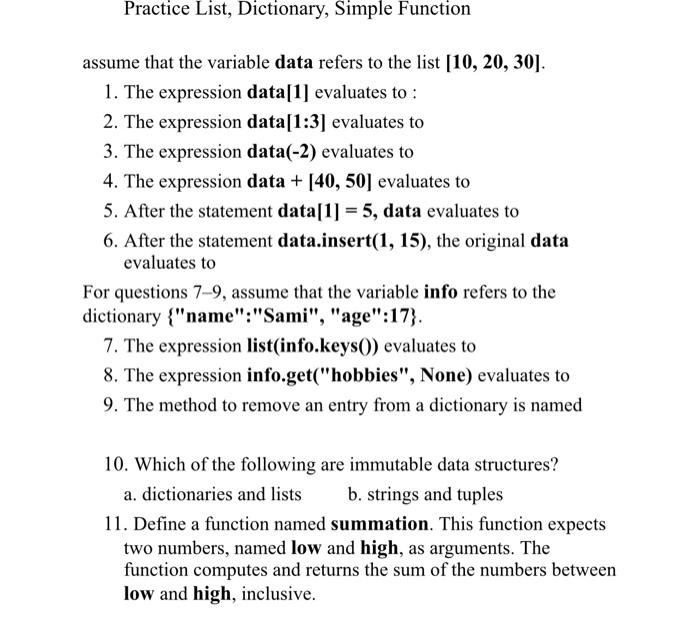 Solved Practice List, Dictionary, Simple Function assume | Chegg.com