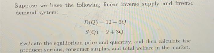 Solved Suppose we have the following linear inverse supply | Chegg.com