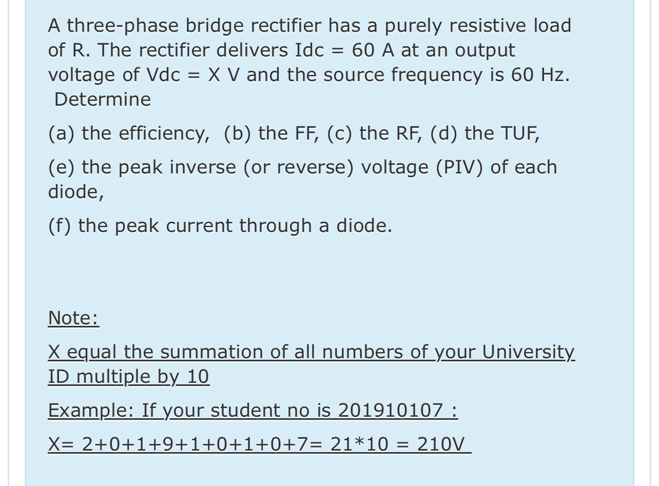 Solved A three-phase bridge rectifier has a purely resistive | Chegg.com