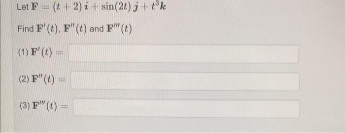 Solved Let F=(t+2)i+sin(2t)j+t3k Find F′(t),F′′(t) and | Chegg.com